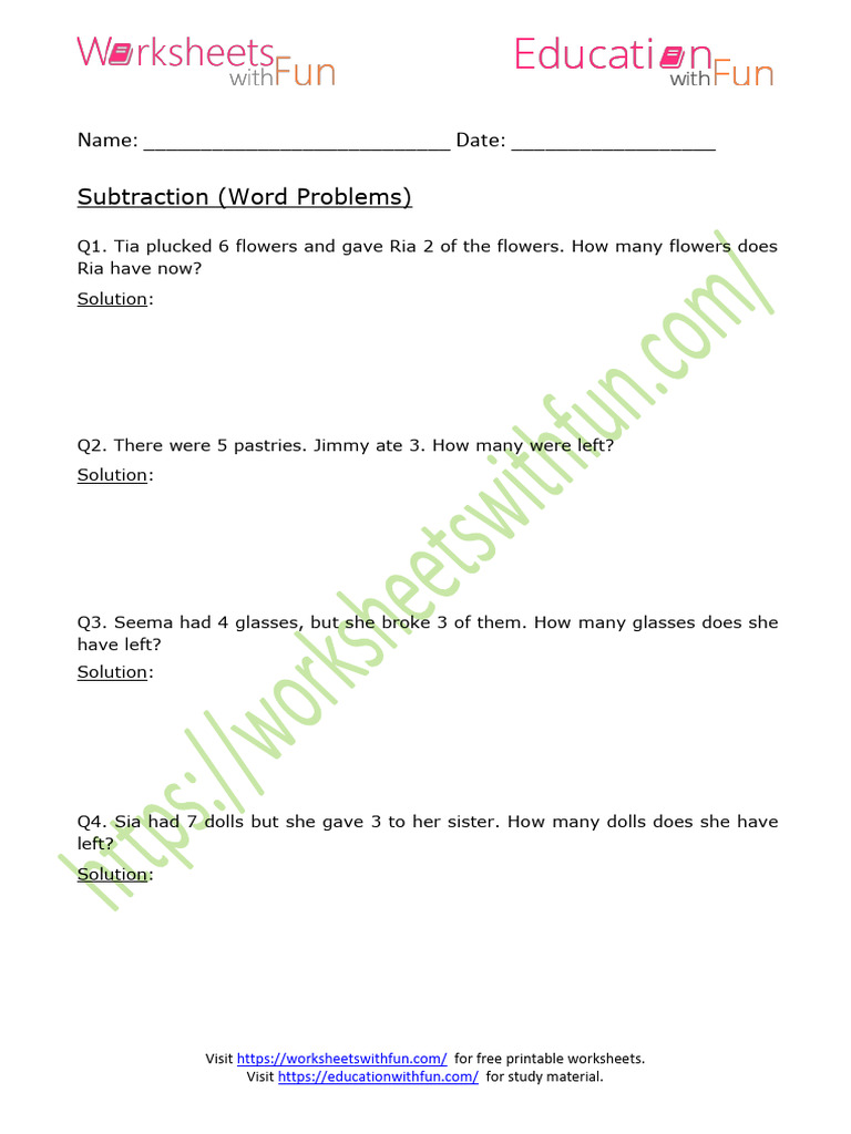 Subtraction - Word Problems Worksheet 4 | PDF