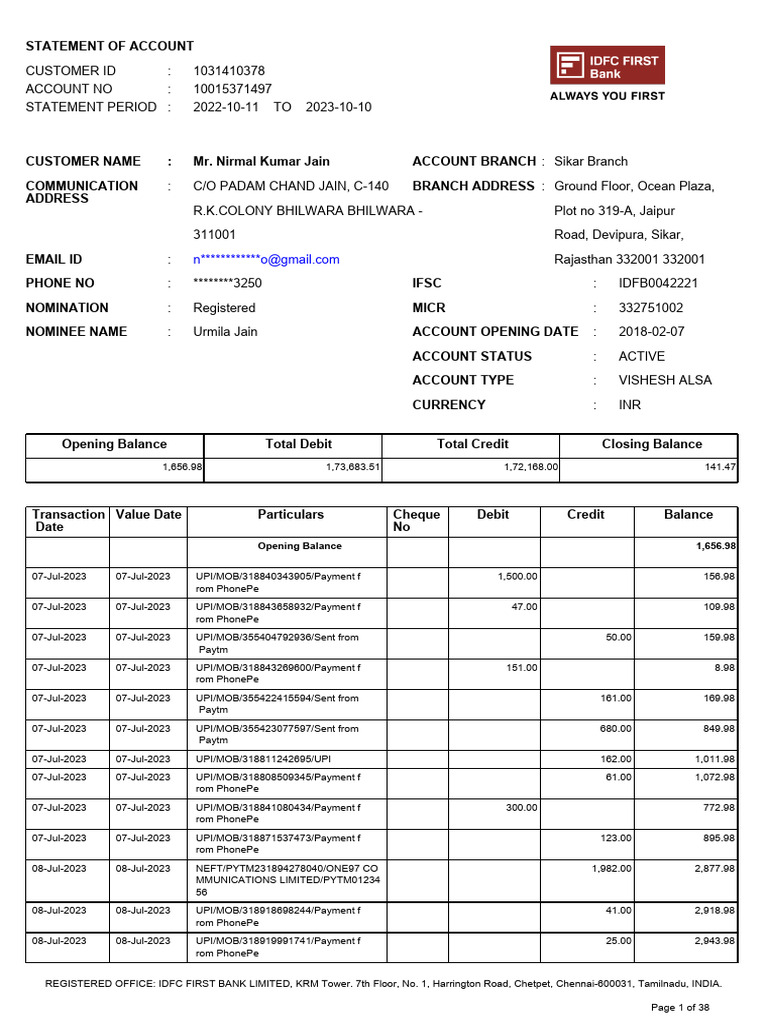 IDFCFIRSTBankstatement 10015371497 101927813 | PDF | Payments | Debits ...