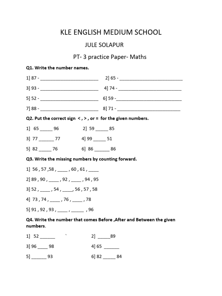Grade I - Maths - Practice Paper For PT - III 2024-25 | PDF