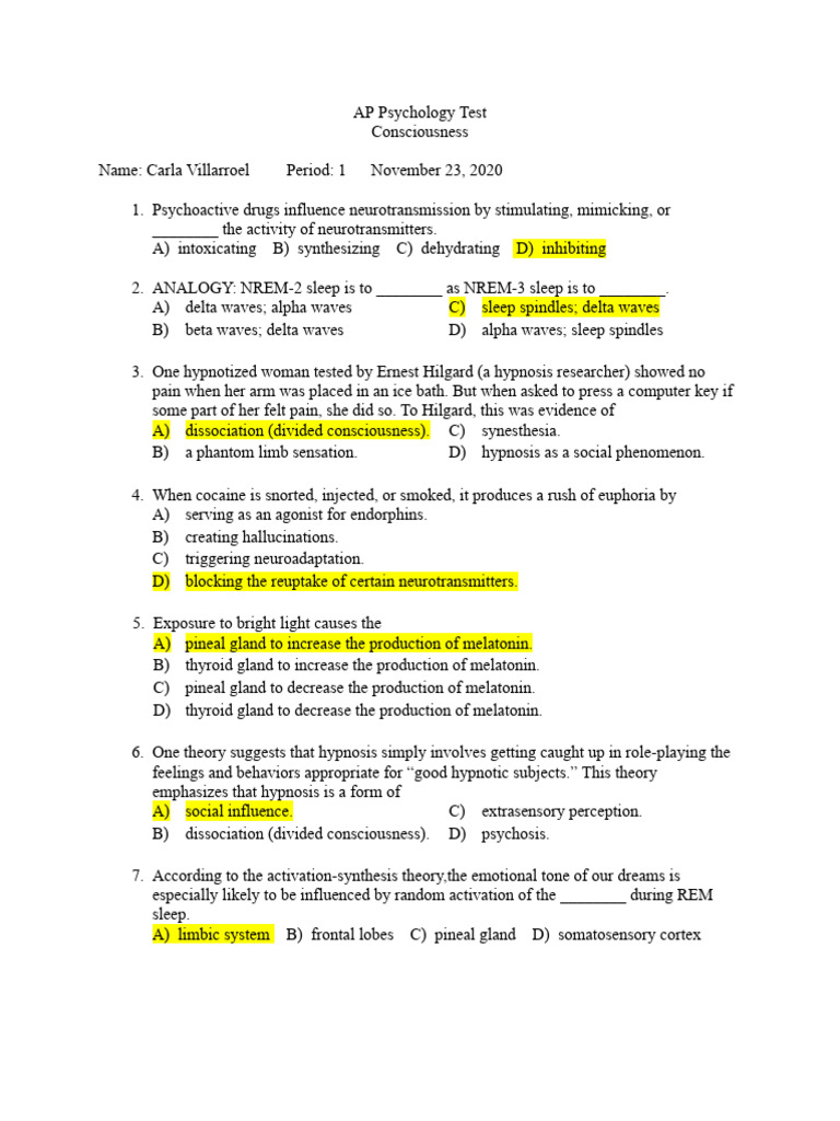 AP Psychology: Consciousness & Drugs Quiz | PDF | Sleep | Rapid Eye ...