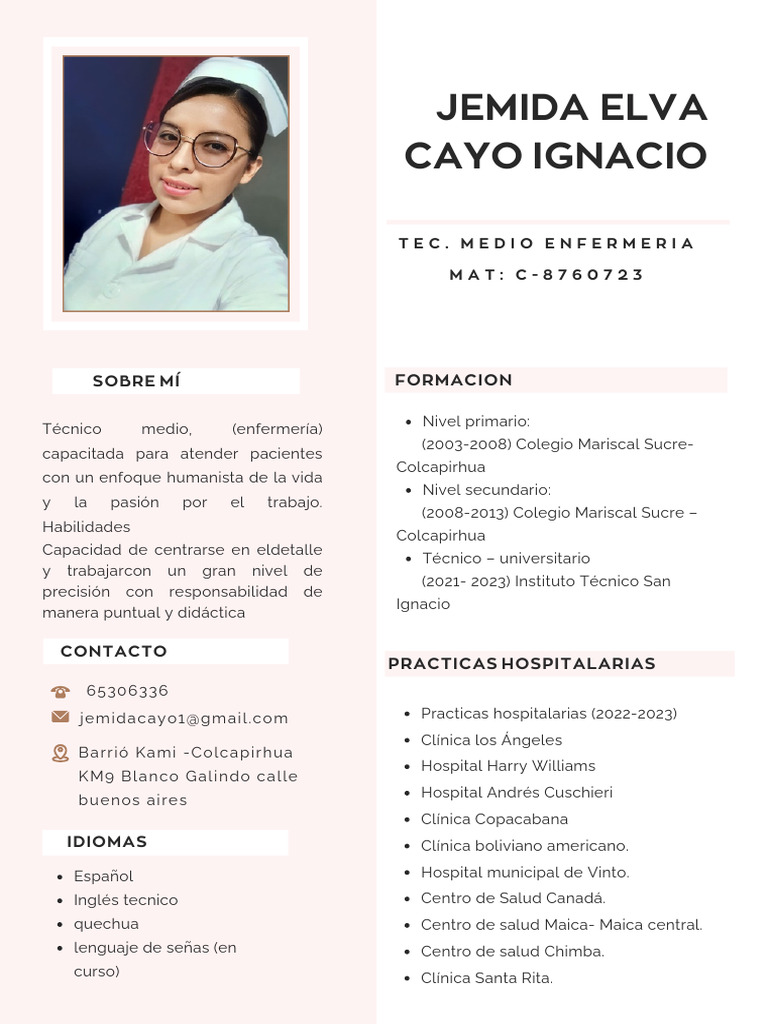 Jemida Elva Cayo Ignacio CV | PDF | Cuidado de la salud | Medicina CLINICA