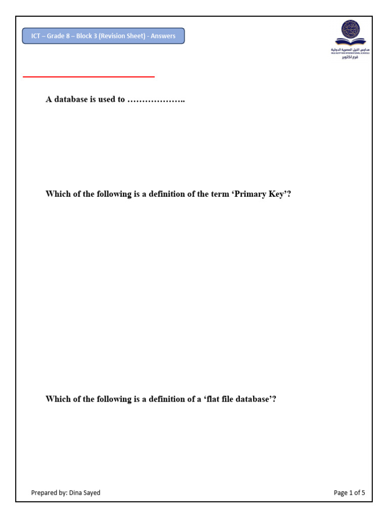 G8-ICT-B3 (Revision Sheet) - Answers | PDF | Databases | Relational Model