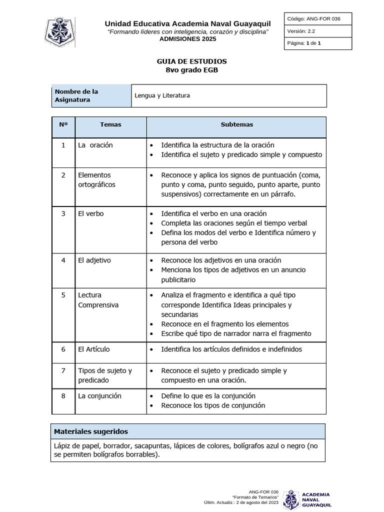 8vo Temarios Lengua Yl | PDF | Predicado (Gramática) | Verbo