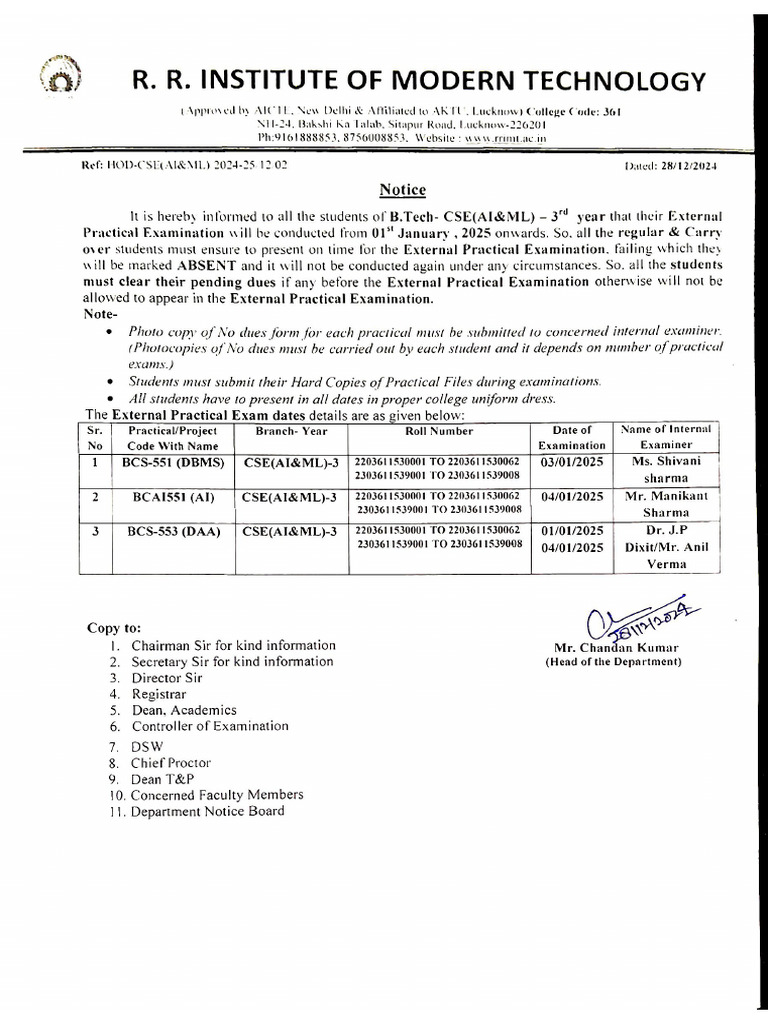 Notice External Practical Examination AIML-3 | PDF