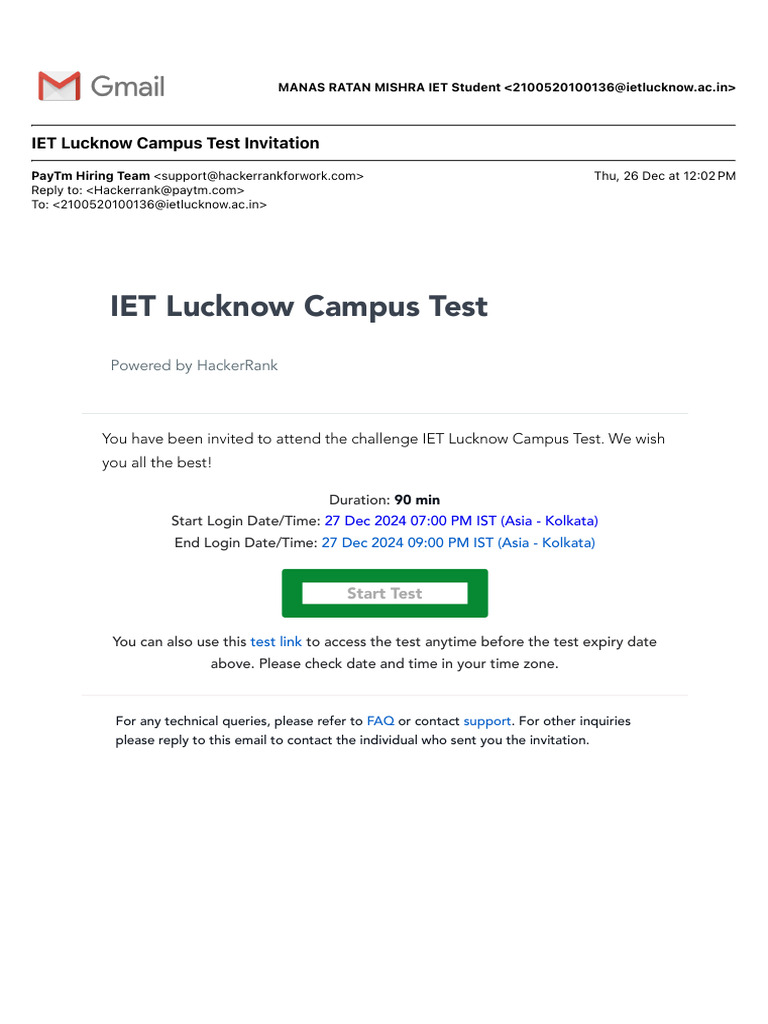 IET Lucknow Campus Test Invitation | PDF