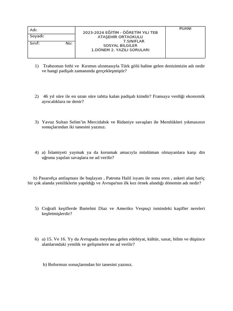 Sosyal 2. Yazili 7. Sinif | PDF