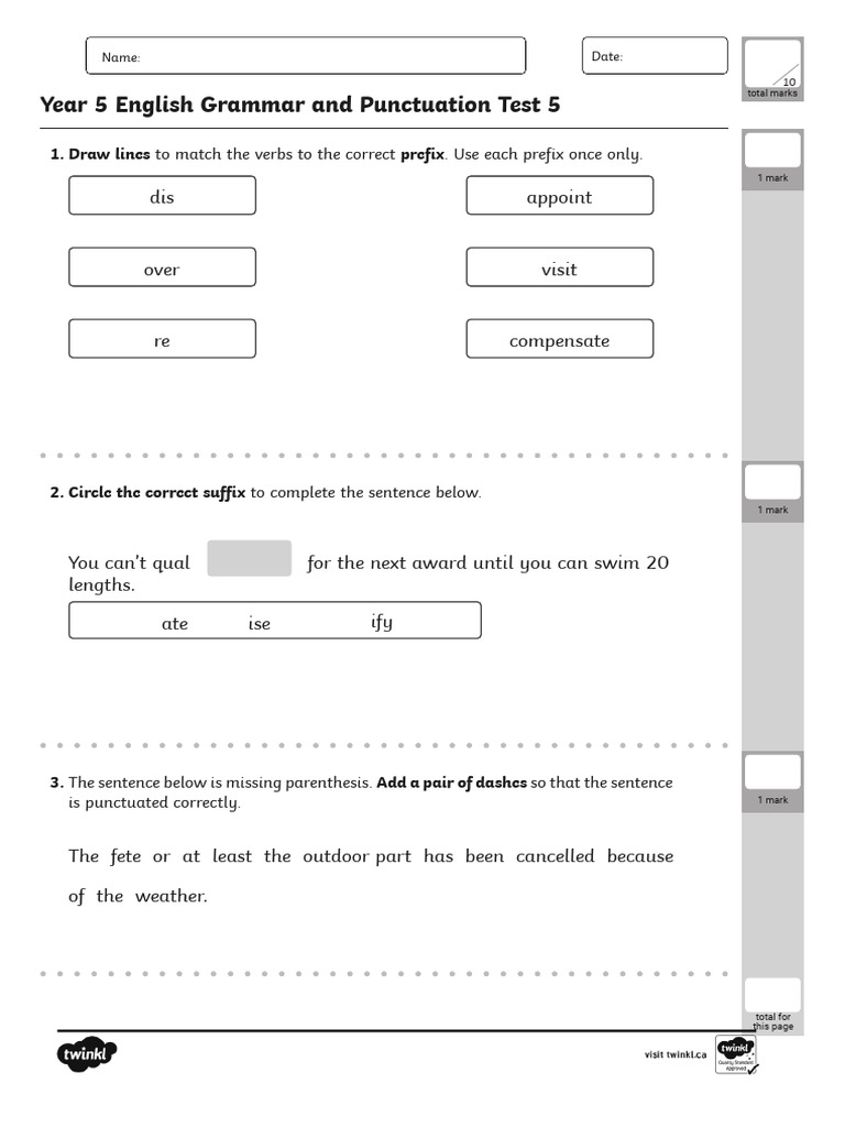 YEAR 5 TITLE - English Grammar and Punctuation Test 5 | PDF ...