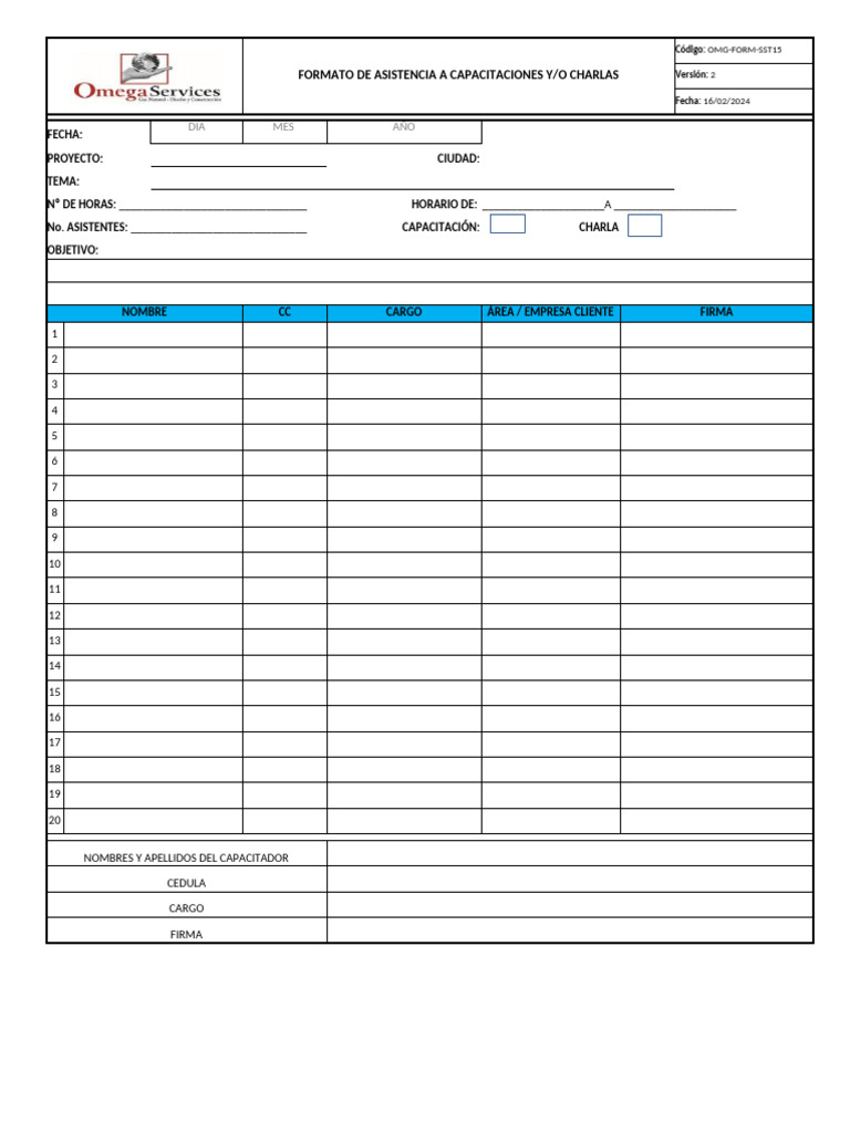 Omg-Form-sst15 Formato de Asistencia a Charla o Capacitación | PDF