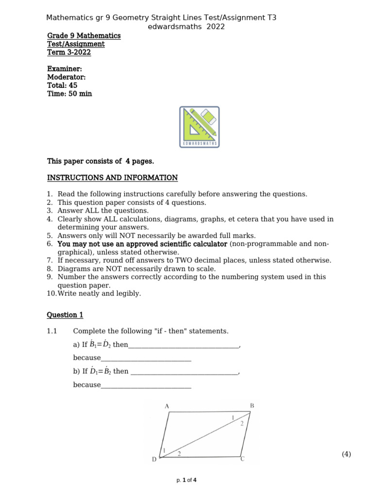 Gr 9 Edwardsmaths Test or Assignment Geometry Straight Lines T3 2022 ...