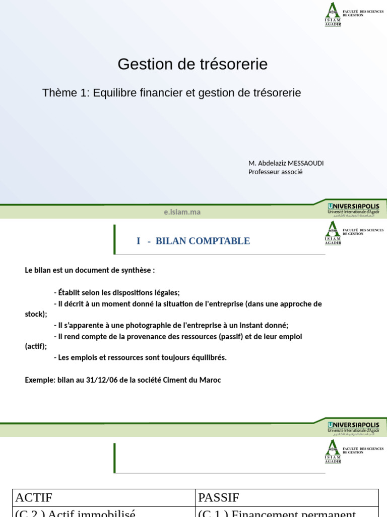 gestion de trésorerie -Equilibre financier | PDF | Bilan comptable | Comptabilité