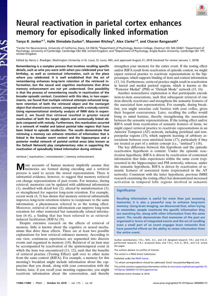 Jonker Et Al 2018 Neural Reactivation in Parietal Cortex Enhances ...