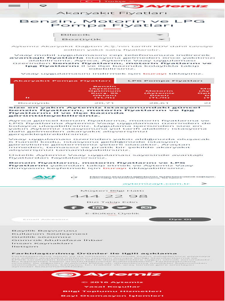 Benzin, Motorin ve LPG Pompa Fiyatları Aytemiz | PDF