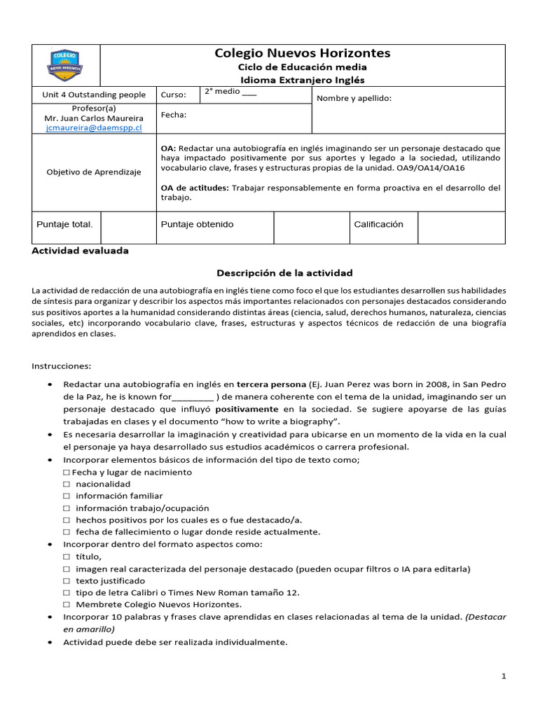 Actividad Evaluada - Inglés - Unit 4 - Outstanding People - 2° Medio | PDF