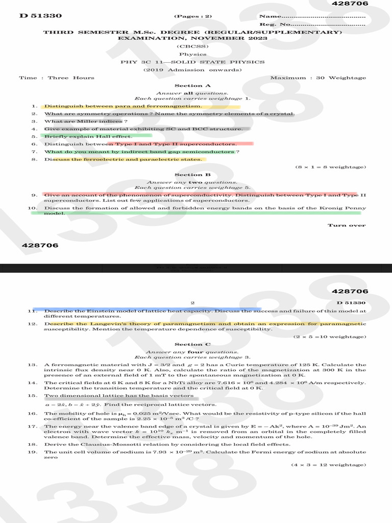 2023 Solid State Question Paper | PDF | Superconductivity | Electron Hole