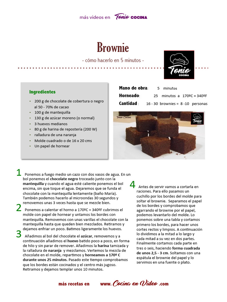 Brownie en 5 Minutos CEN Hoja1 | PDF | Chocolate | Preparación de ...
