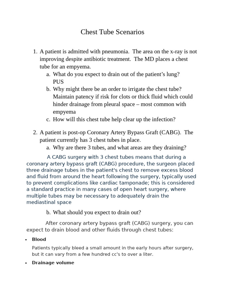 Chest tube scenarios | PDF | Coronary Artery Bypass Surgery | Lung