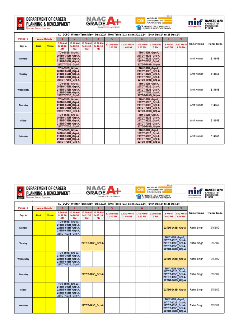 AY 24-25 - DCPD - Aptitude Winter Term Dec 2024 Time Table | PDF