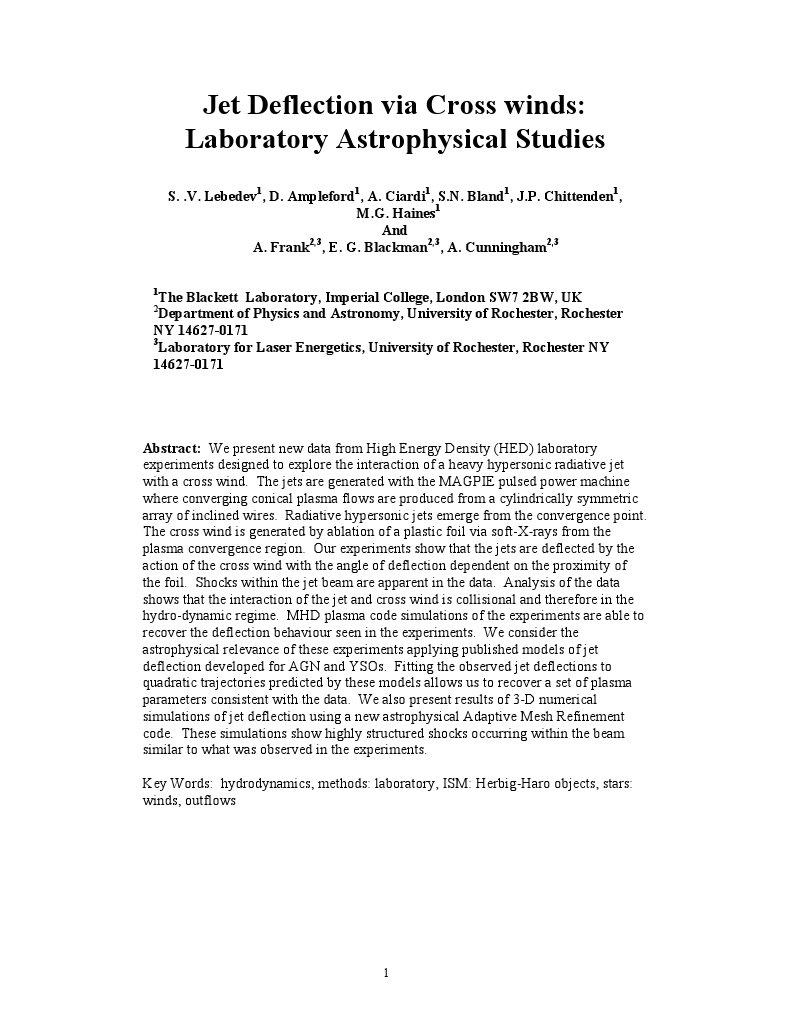 S. V. Lebedev Et Al - Jet Deflection Via Cross Winds: Laboratory ...