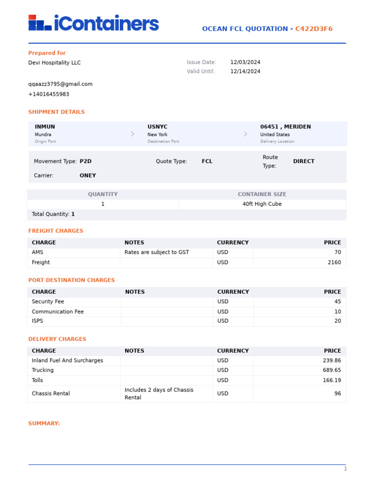 Prepared For: Ocean FCL Quotation | PDF | Cargo | Fee