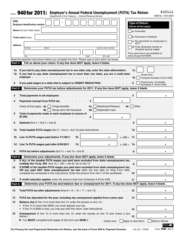 Form 940 for 2011: Employer's Annual Federal Unemployment (FUTA) Tax ...