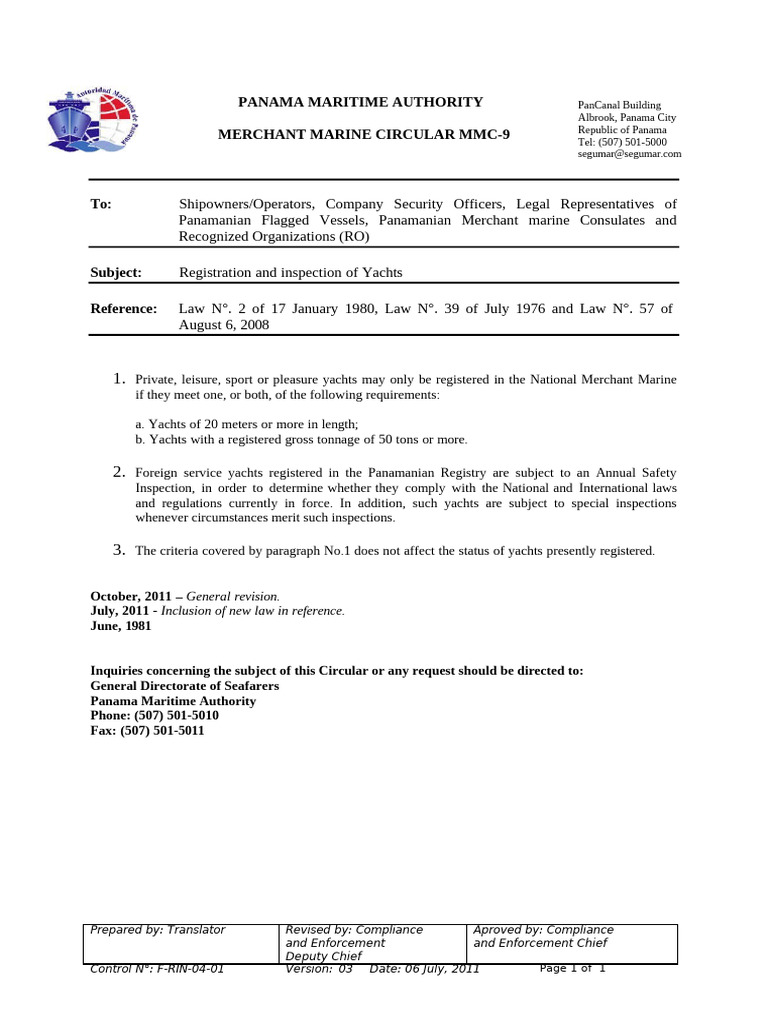 MMC - 009 - Registration and Inspection of Yatchs | PDF