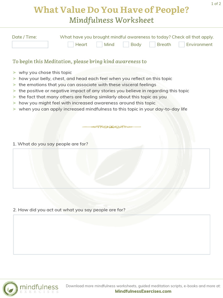 Mindfulness Worksheet on People Value | PDF