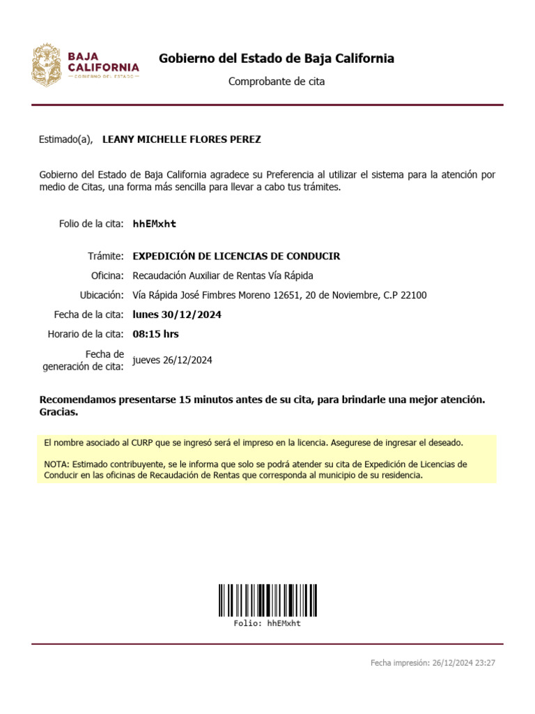 Cita Licencia Michelle | PDF