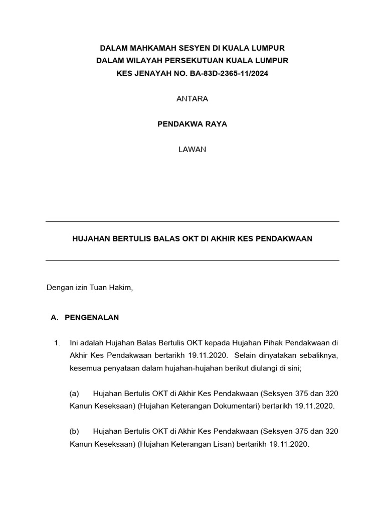 Hujahan Bertulis Balas Okt Di Akhir Kes Pendakwaan | PDF