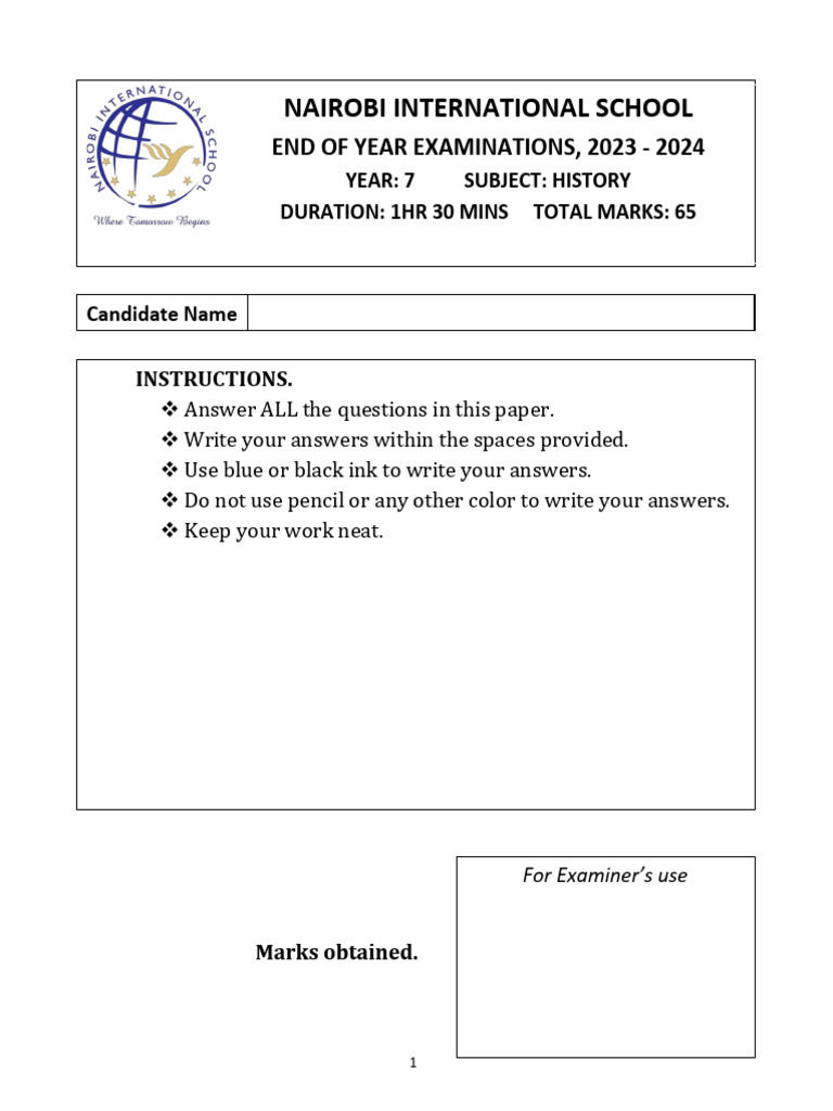 Year 7 History End Year Exam 2024 65 Copies | PDF