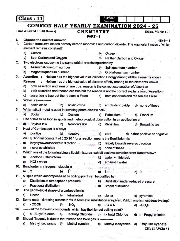 11th Chemistry Half Yearly Exam 2024 Original Question Paper With ...
