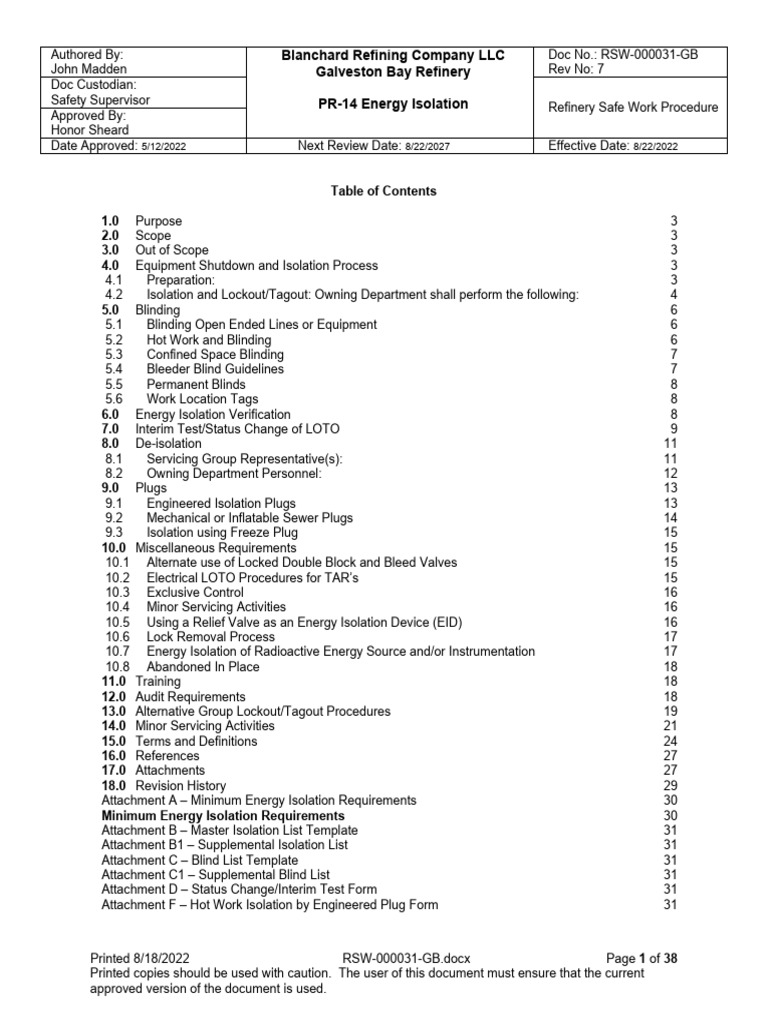 Marathon Energy_Isolation_Procedure | PDF