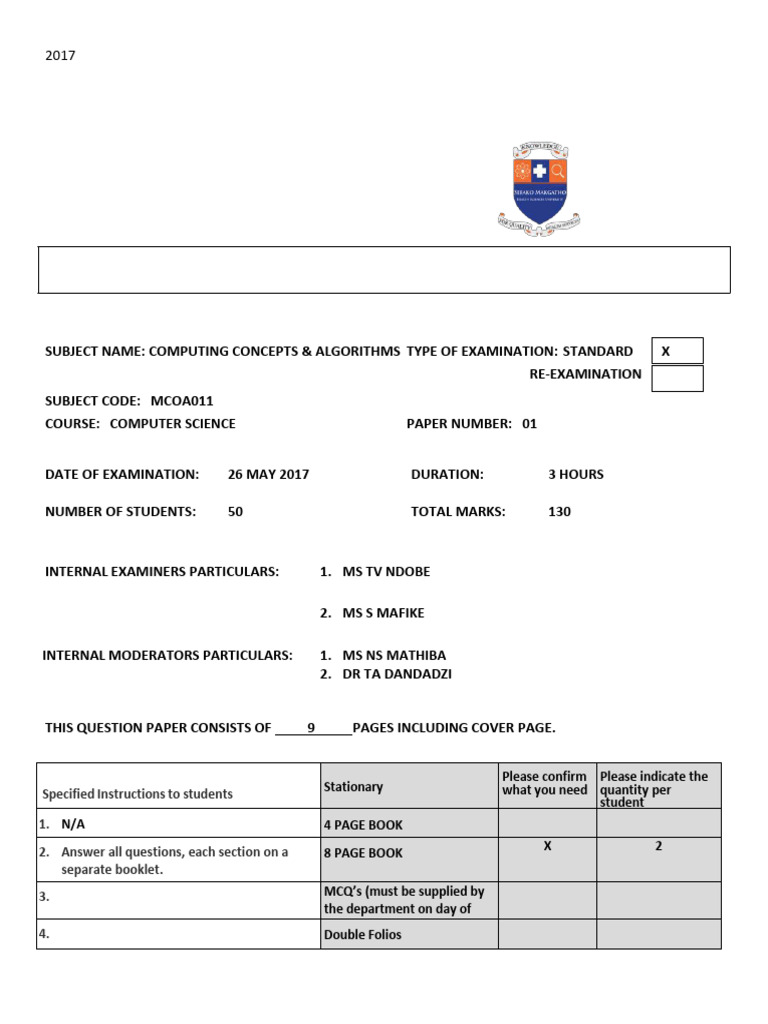 Mcoa011 Main Exam Paper 2017 | PDF | Bit | Data Type