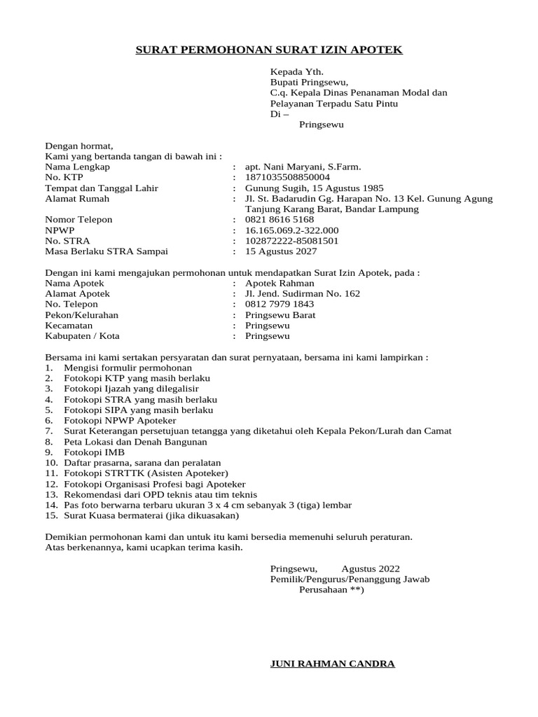 SURAT PERMOHONAN SURAT IZIN APOTIK Apotek Rahman | PDF
