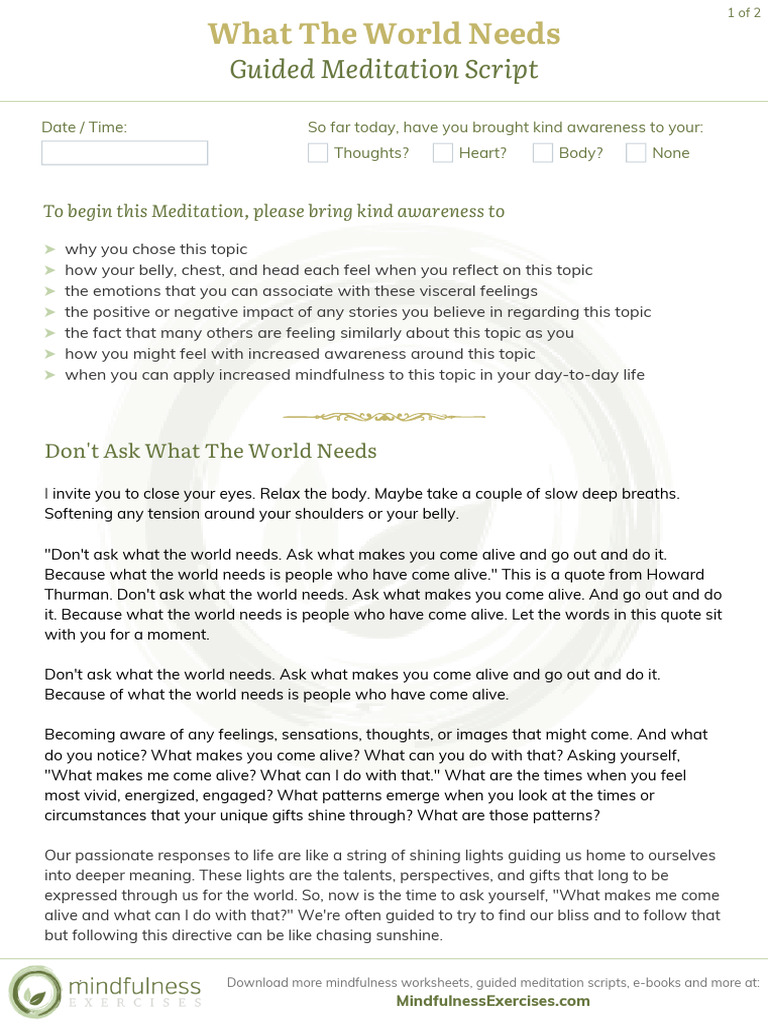 Guided Meditation Script: Don't Ask What The World Needs | PDF ...
