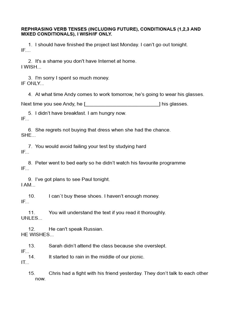 Rephrasing Conditionals, I Wish, Verb Tenses and Future | PDF