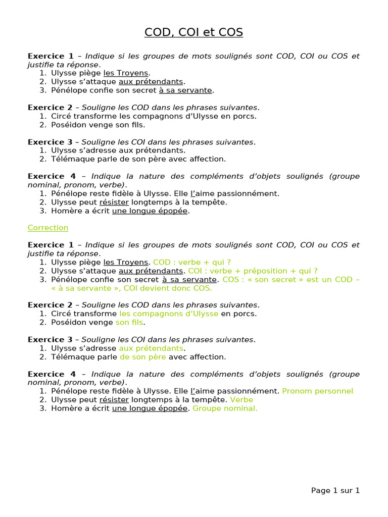 Exercices sur COD, COI et COS | PDF