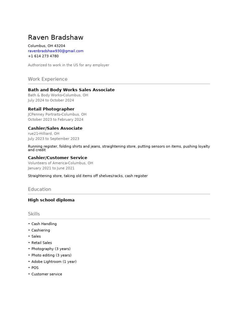 Retail and Photography Experience Resume | PDF