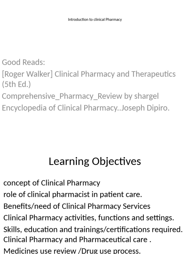 Introduction To Clinical Pharmacy-Class | PDF | Pharmacy | Medicine