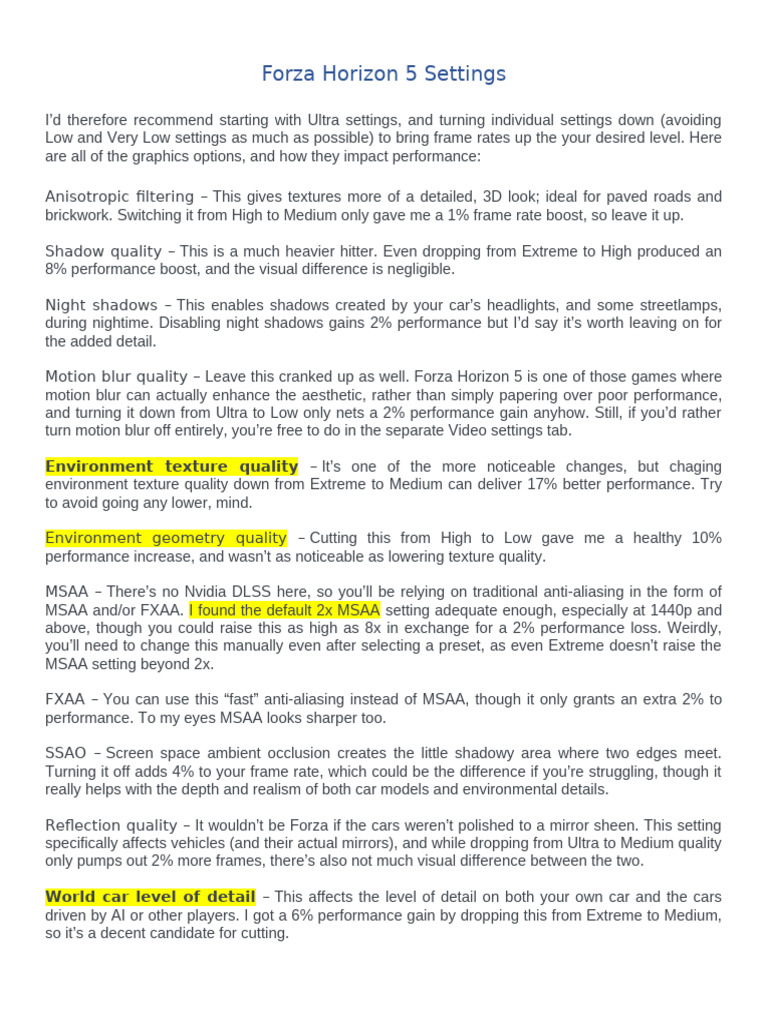 Forza Horizon 5 Settings | PDF | Frame Rate | Reflection (Physics)