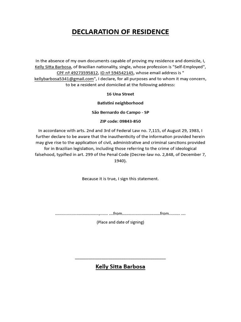 Declaration of Residence | PDF