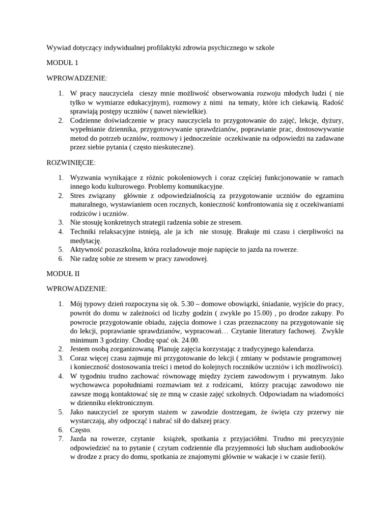 Wywiad Dotyczący Indywidualnej Profilaktyki Zdrowia Psychicznego W Szkole | PDF