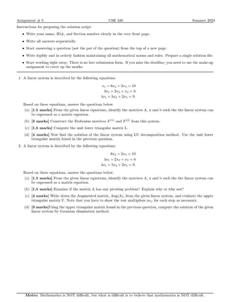 Assignment5 Cse330 Summer 2023 | PDF | System Of Linear Equations ...