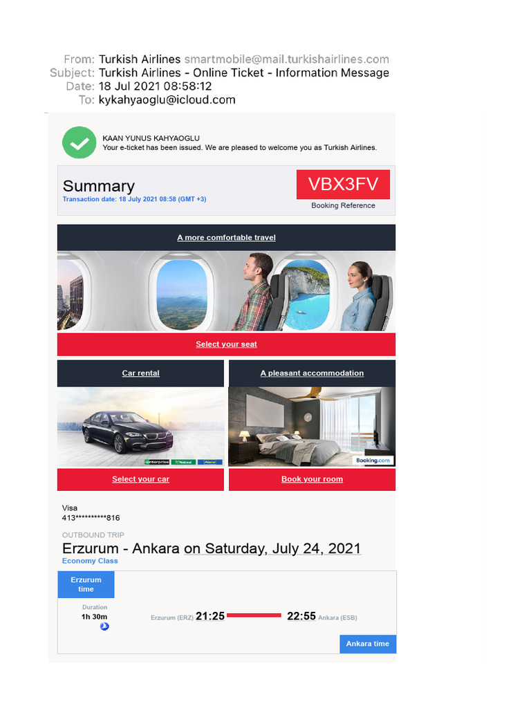 Turkish Airlines E-Ticket Confirmation | PDF | Aviation