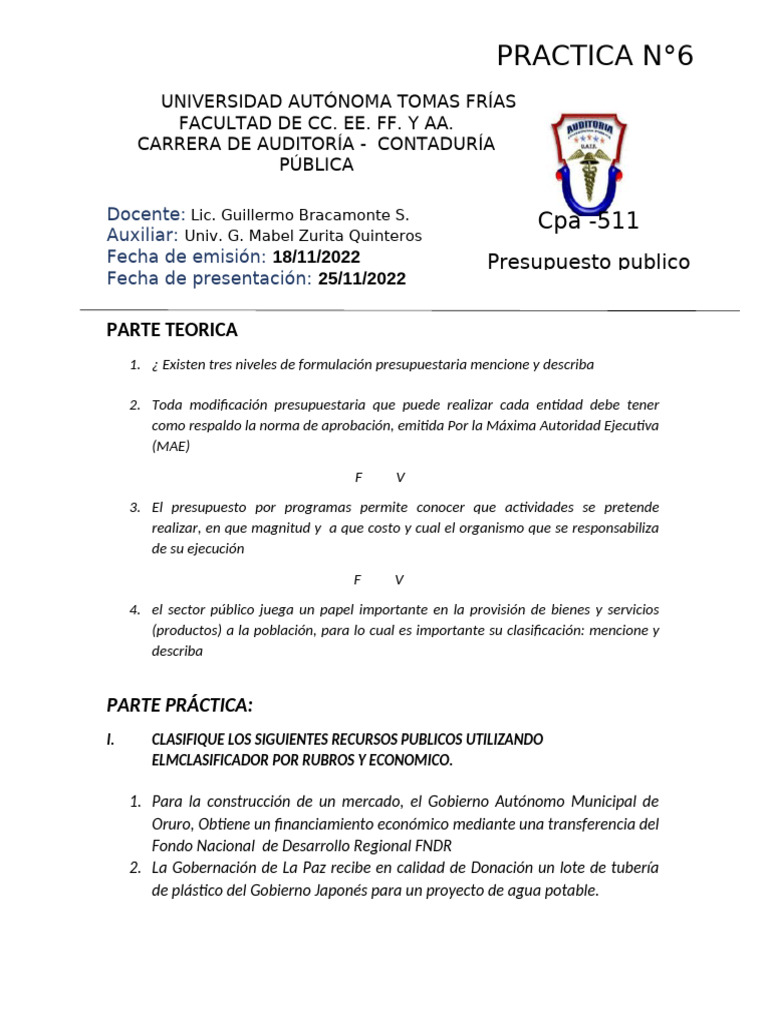 PRACTICA N6. CPA 511 Nov. | PDF | Presupuesto