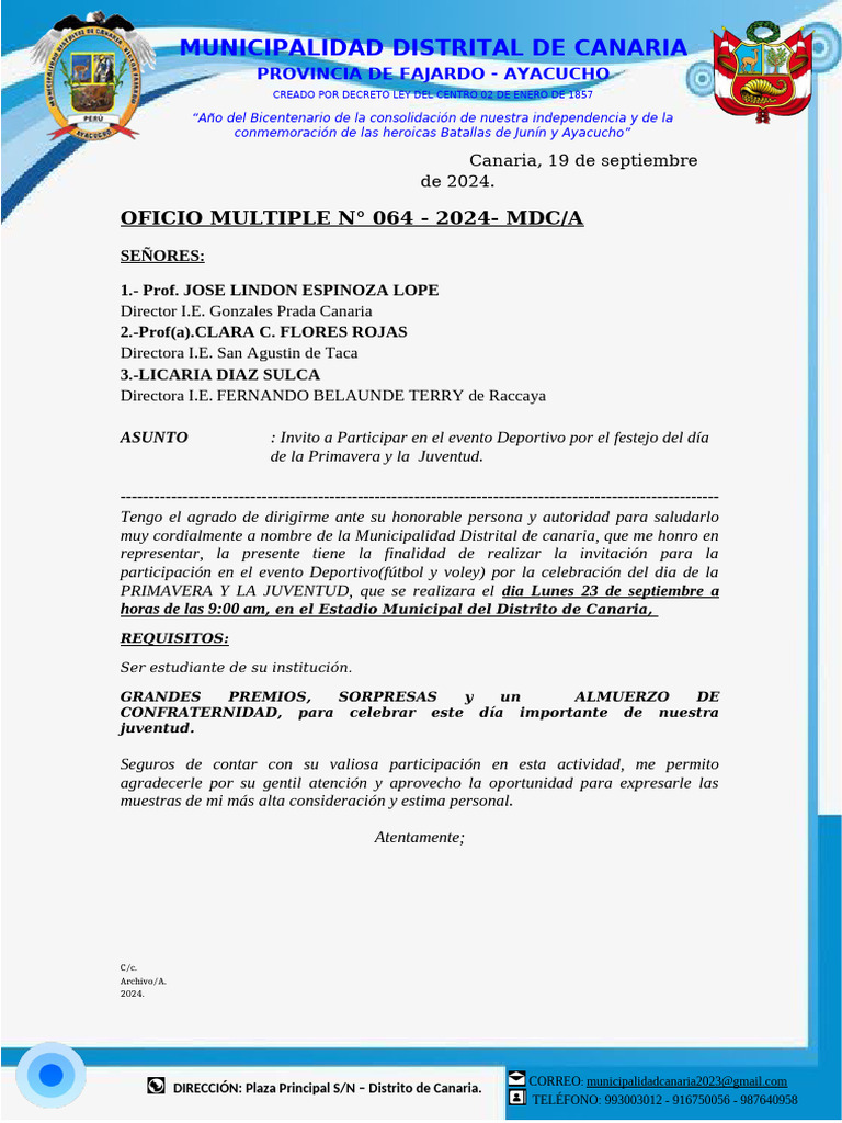 OFICIO MULTIPLE N° 064-2024- DIA DE LAPRIMAVERA Y LA JUVENTUD | PDF