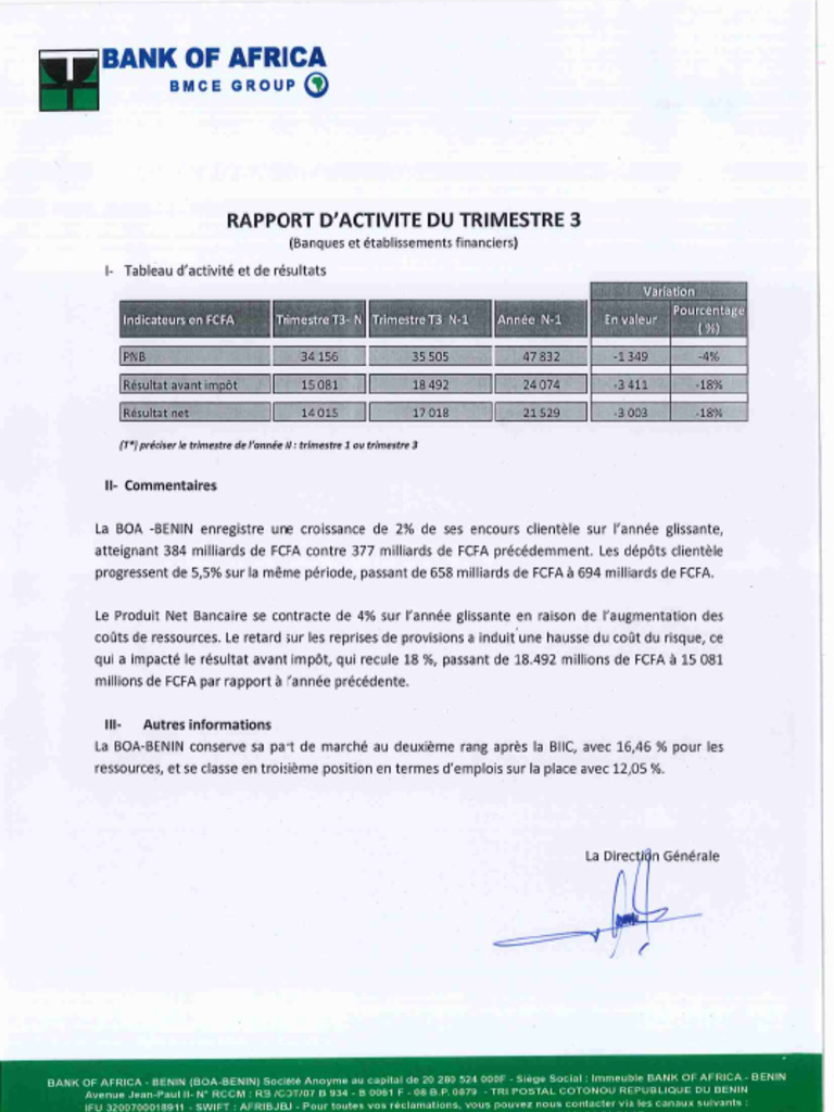 Bank of Africa Benin Boa BN Rapport Dactivites 3eme Trimestre 2024 | PDF