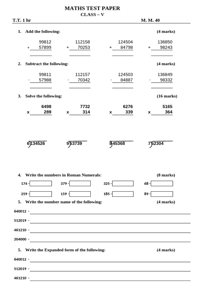 Maths Test Paper 16 Class V | PDF | Mathematics