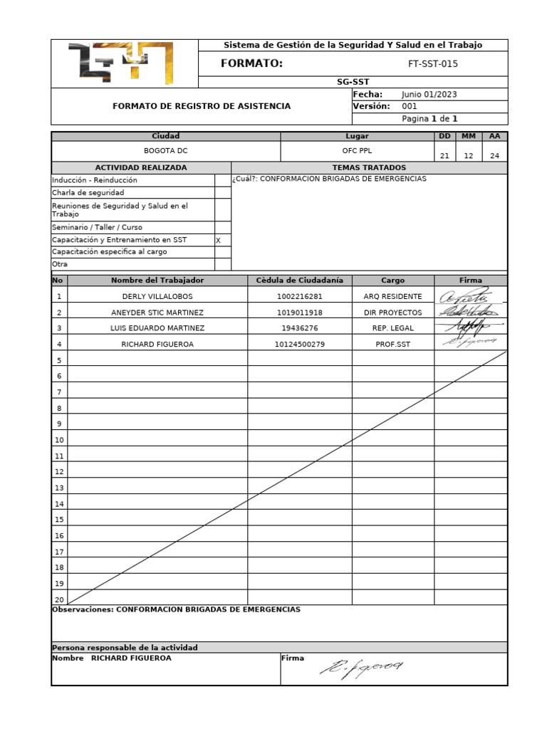 FT-SST-015 Formato de Registro de Asistencia | PDF