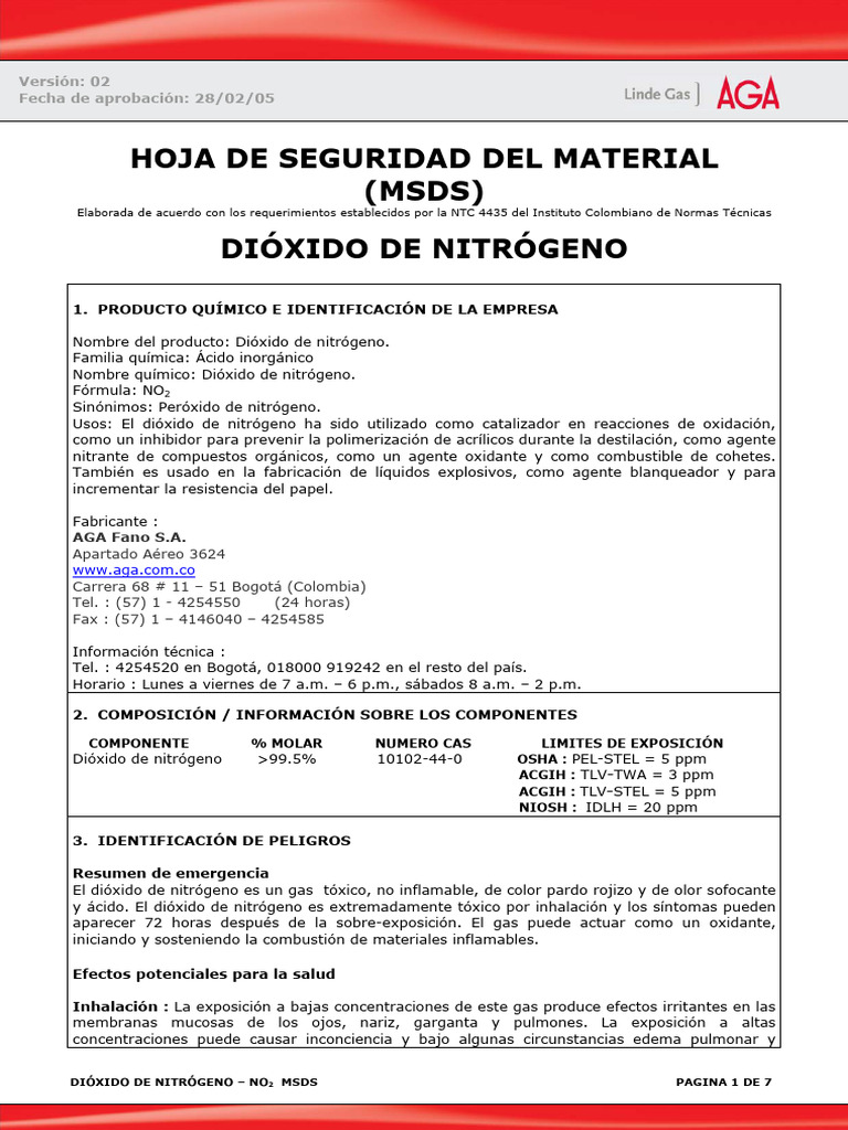 MSDS Dióxido de Nitrógeno NO2 | PDF | Nitrógeno | Química
