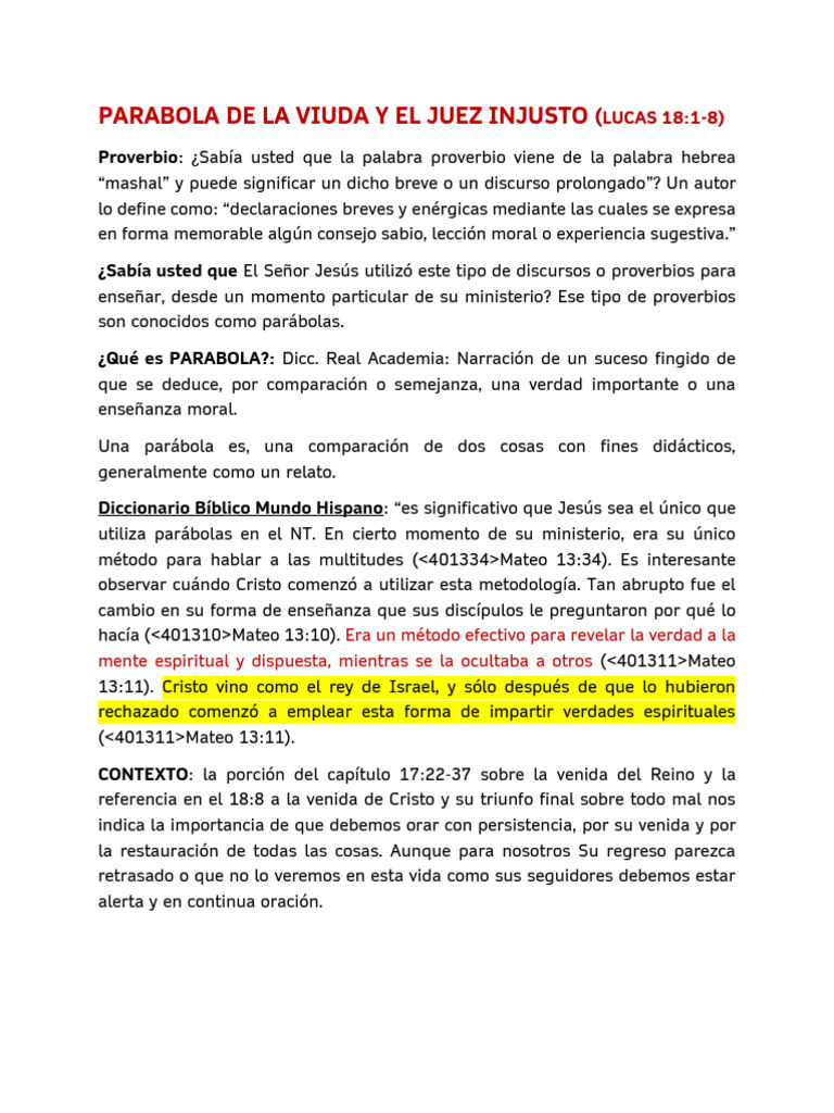 Parábola de la Viuda y el Juez Injusto | PDF | Parábolas de Jesús | Oración